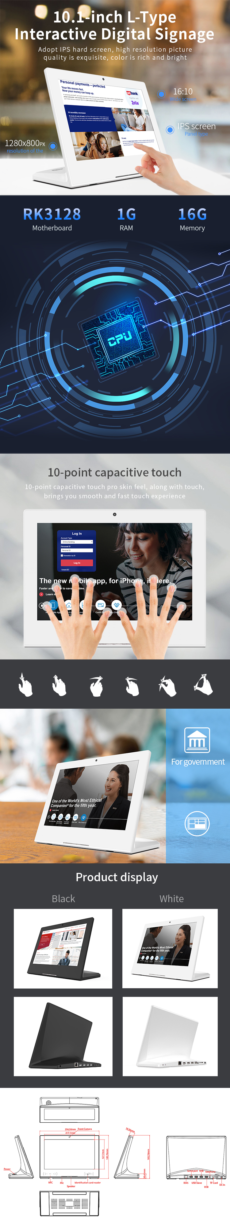 10.1'' L Shape Desktop Interactive Digital Signage RK3566 White/Black ...